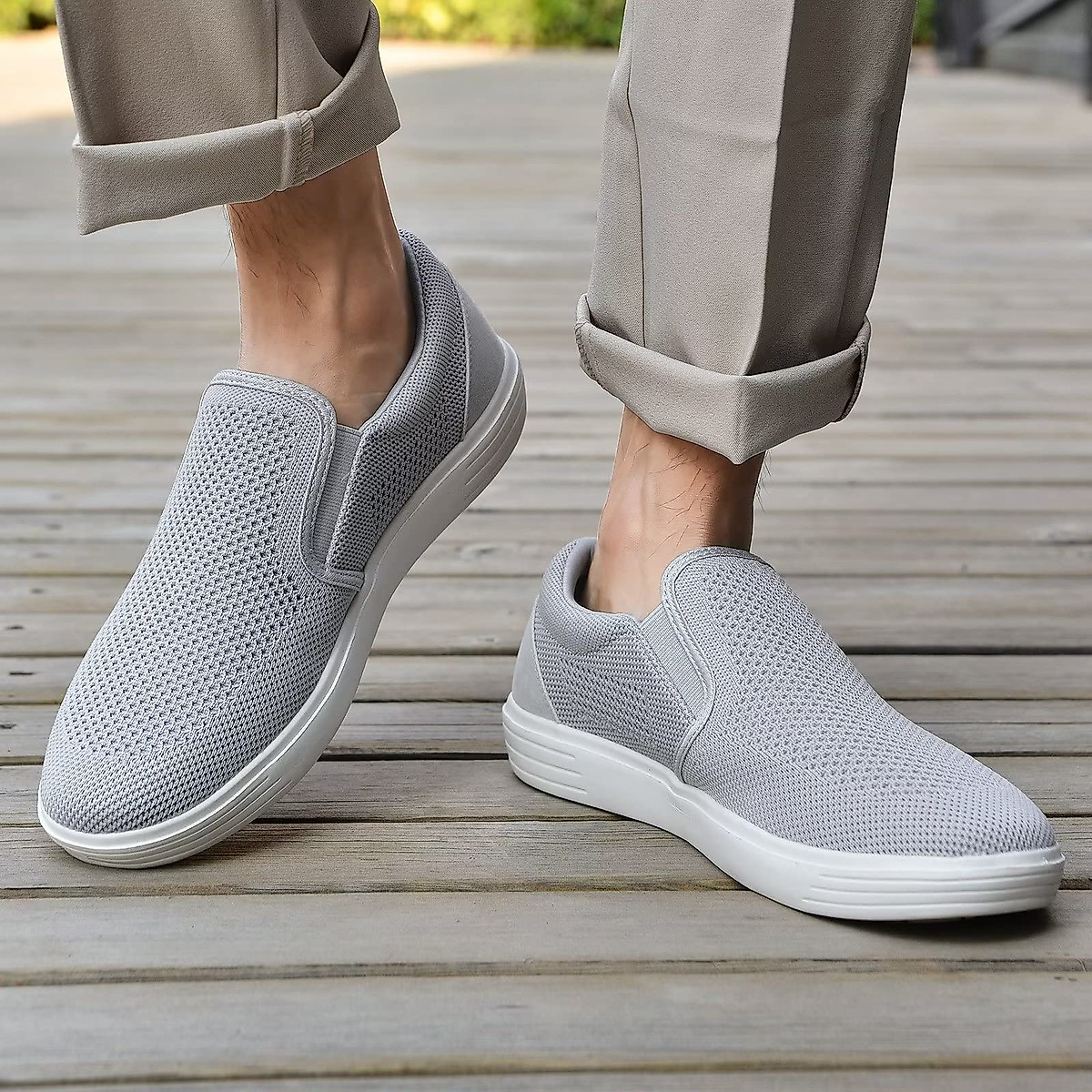 konhill Men's Slip on Sneaker - Knit Walking Loafers Memory Foam Driving Work Skate Shoes Arch Support Slip Resistant Shoes 7.5 US Gray 40