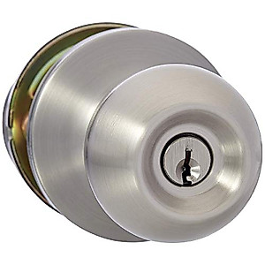 Amazon Basics Exterior Door Knob With Lock, Standard Ball, Satin Nickel