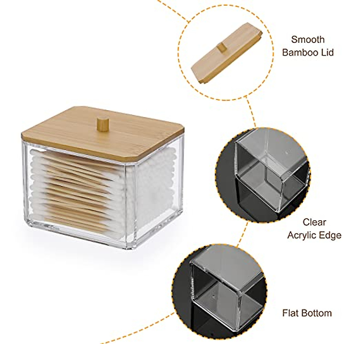Hipiwe Acrylic Q-Tip Holder Dispenser with Lid Clear Plastic Bathroom Canisters Square Apothecary Jar Set Cotton Swab and Ball Storage Organizer for Cotton Round Pads, Floss