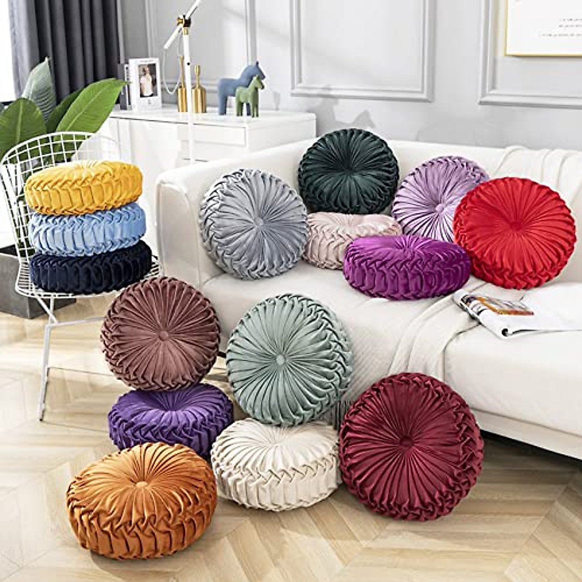 HLOVME Throw Pillow for Couch Decorative 3D Pumpkin Round Velvet Cushion for Sofa Bed Chair Floor 15"X15", Yellow