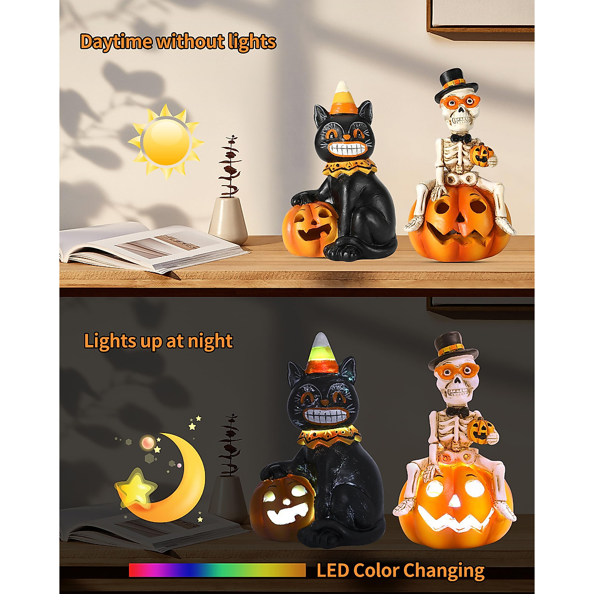 iStatue Halloween Decorations, 2-Pack Resin Black Cat & Skeleton on Pumpkin with Jack-o’-Lantern Lights - Indoor/Outdoor Gift for Fireplace Table Top Party Tiered Tray Decor (Skeleton & Cat)