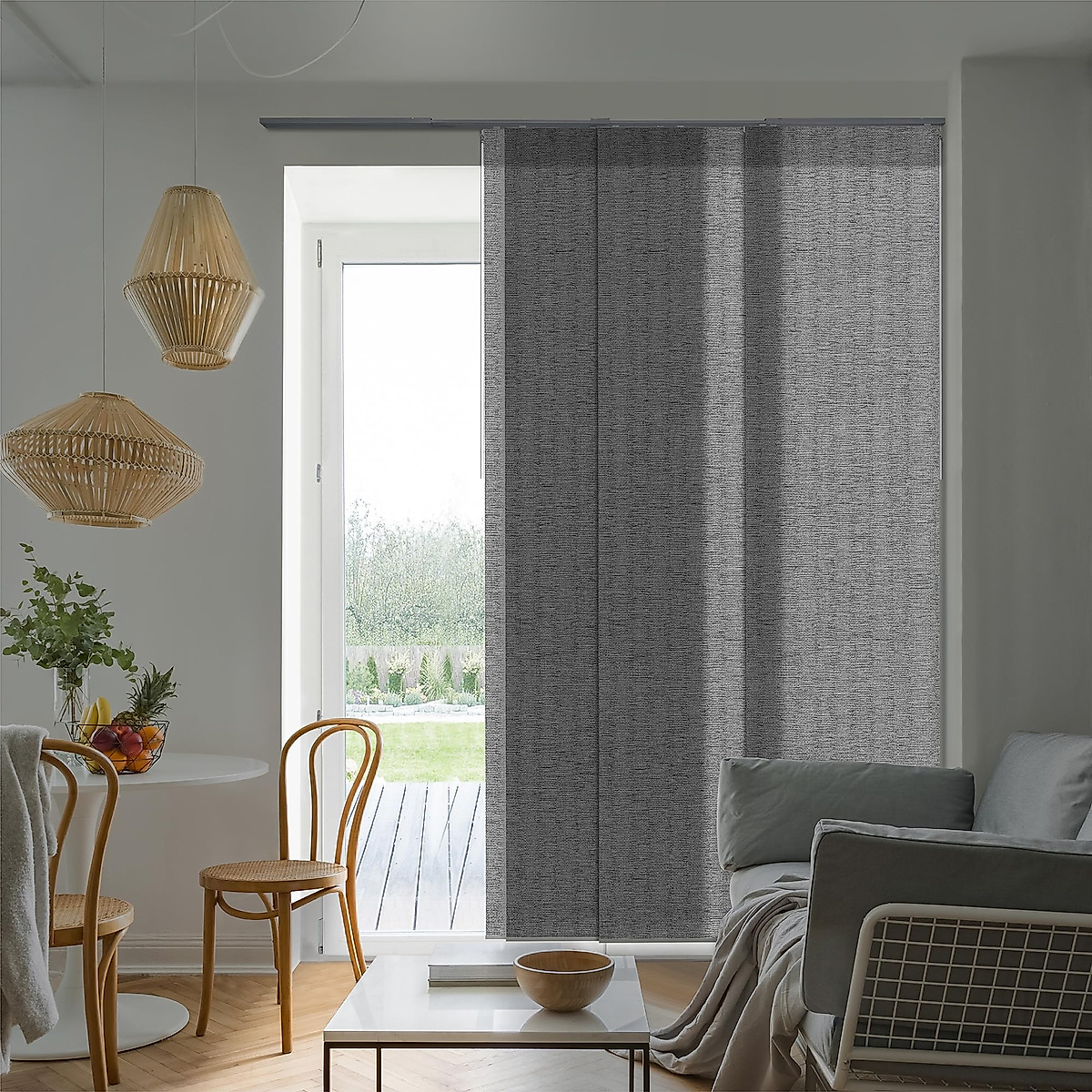GoDear Design Adjustable Sliding Vertical Blinds 45.8"- 86" W x 96" H, Extendable Panel Track Blinds for Sliding Glass Doors Patio Doors Windows, Trimmable Woven Fabric Vertical Shades, Munich Castle