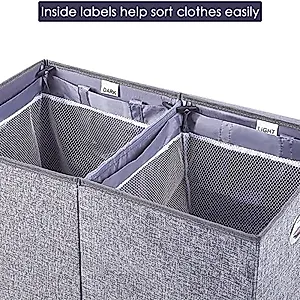 SUPERJARE Double Laundry Hamper with 2 Removable Liner Bags, 150 L Large Laundry Basket with Magnetic Lid, Collapsible Clothes Hamper with Easy Carry Built-in Handles, 2 Section, Linen Gray