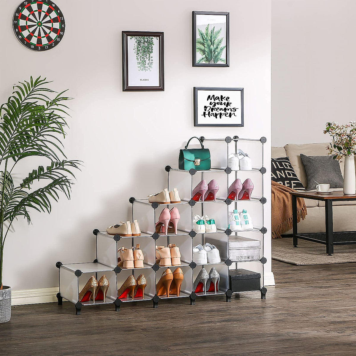 ANWBROAD Cube Storage Organizer 16 Cubes DIY Closet Bookshelf with Space Saving Shoe Rack Plastic Shoe Storage Organizer Unit for Bedroom Closet Office Living Room Hallway Entryway ULCS016T+ULCS16TX