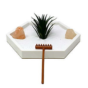 Nature's Mark Mini Zen Garden Kit for Desk with White Sand, Rake, White Base, Salt Rock and Air Plant (Round)