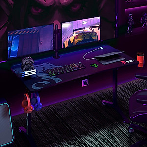 SEVEN WARRIOR Gaming Desk 55INCH with Power Outlet & Dual Monitor Mount, Carbon Fiber Surface Computer Gamer Desk with Full Desk Mouse Pad, Ergonomic Y Shaped Gamer Table with Outlet Organizer