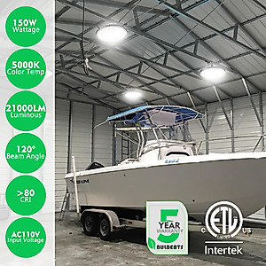 bulbeats LED High Bay Shop Light 150W, 21000Lm (Eqv.600W MH/HPS) UFO high Bay LED Light, 5000K Daylight ETL Listed Bay Lighting, IP65 UFO with Energy Saving Upto 1100KW*12/Y(5Hrs/Day)-12Pack