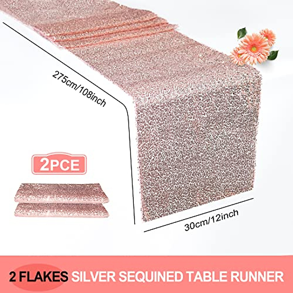 Rose Gold Table Runner (12X108 inch, 2-Pack ), FGSAEOR Sequin Sparkle Table Runners Fit for Rectangle Round Tables, Party Supplies Decorations for Wedding Birthday Celebration Baby Shower Christmas
