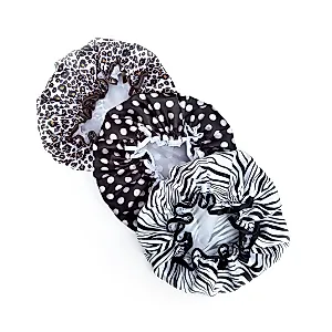 HOMESJUN Shower Cap, 3 Packs Waterproof Reusable Bath Caps for Women Hair, Double Layers Elastic Shower Hat Hair Protection