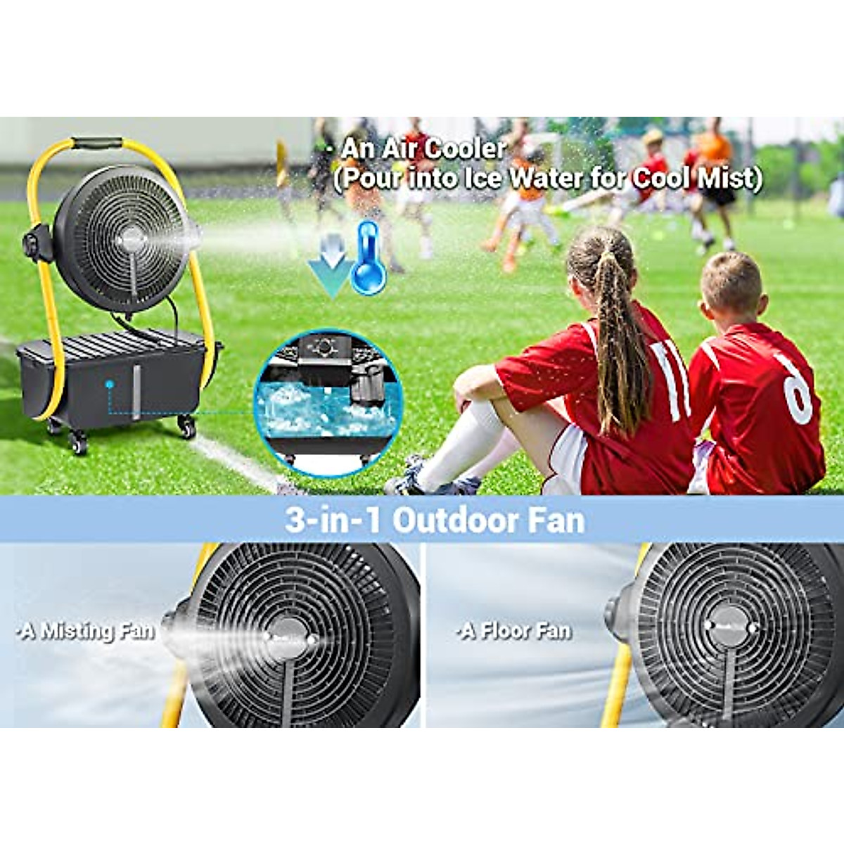 Geek Aire Battery Operated Misting Fan, Rechargeable Outdoor Floor Fan with 2.9 Gal Water Tank, Powered Waterproof Durable 15000mAh Battery Run for Patio, Camping Gear Accessories - 12 Inch