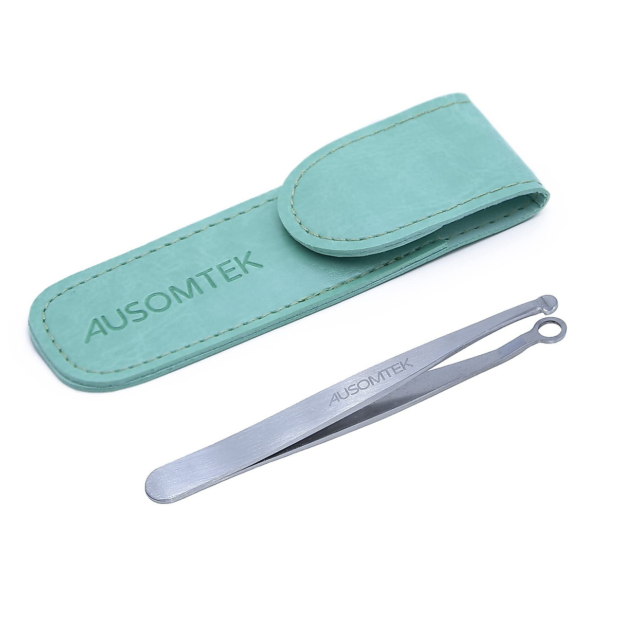 Ausomtek Nose Hair & Ear Hair Trimming Tweezers, Eyebrow Grooming Scissors, Eyelash Clipper, Stainless Steel Grooming Scissors, Safe Round-Headed, for Men and Women (Cyan PU Case) (1 Pack)