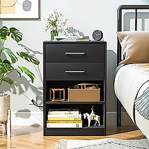 Irontar Nightstands Set of 2, Night Stand with Charging Station, Bedside Table with Removable Shelf, End Table with Open Storage, 2 Drawers Small Dresser for Bedroom, Black BZZ001BE02