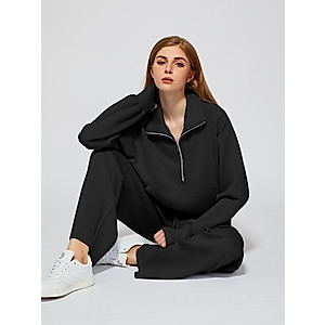 Casly Lamiit Lounge Sets for Women Trendy Half Zip Sweatshirt Wide Leg Sweatpants Lounge Matching Set Tracksuit Sweatsuit 2024 Fall Winter Clothes Set 2 Piece Outfits Black L