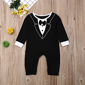 Baby Boy Gentleman Shirt Bowtie Romper Tuxedo Jumpsuit Overall Black Suit Clothes 0-18M (Black, 0-6 Months)