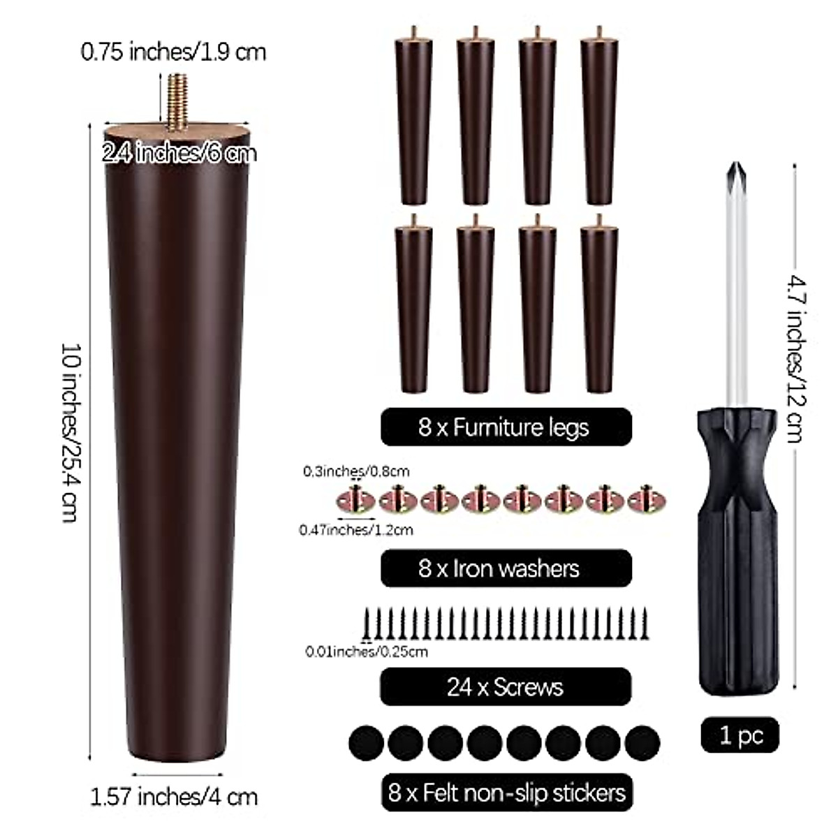 TURSTIN 8 Pieces Furniture Legs 10 Inches Round Solid Wood Furniture Feet Couch Legs Sofa Legs Replacement Legs for Armchair, Cabinet, Chair, Dresser or Home DIY Projects, Brown