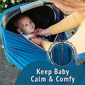 Baby Leaf Covers - Stretchy Multi Use Infant Car Seat and Stroller Canopy with Double Zipper, Breathable Nursing Poncho and Breastfeeding Scarf, Blue Sky