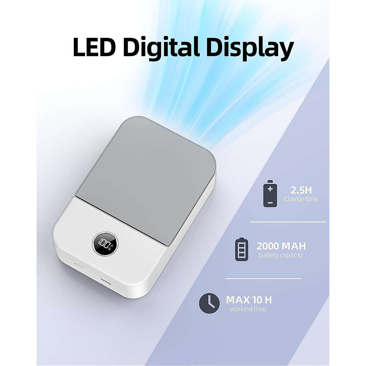 ASNUG Portable Neck Fan, 2000mAh Waist Clip Fan, USB Rechargeable Personal Fan with Lanyard, 3 Speed Adjustable, LED Display, Wearable Body Belt Fan for Kids Girls Women Men Outdoor Travel