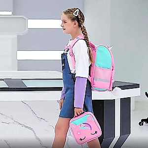 KLFVB 3PCS Girls Backpack , 15" Sequin Unicorn Bookbag with Lunch Box, Kids Preschool School bag for Elementary Students - Pink