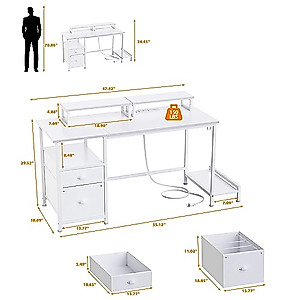 Furologee White Computer Desk with Drawer and Power Outlets, 47" Office Desk with 2 Monitor Stands and Fabric File Cabinet, Writing Gaming Table with Shelves and 2 Hooks for Home Office