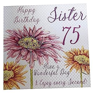 WHITE COTTON CARDS Pink Gerbera, Happy 75 Sister Have a Wonderful Day Handmade 75th Birthday Card, White, wba75-S