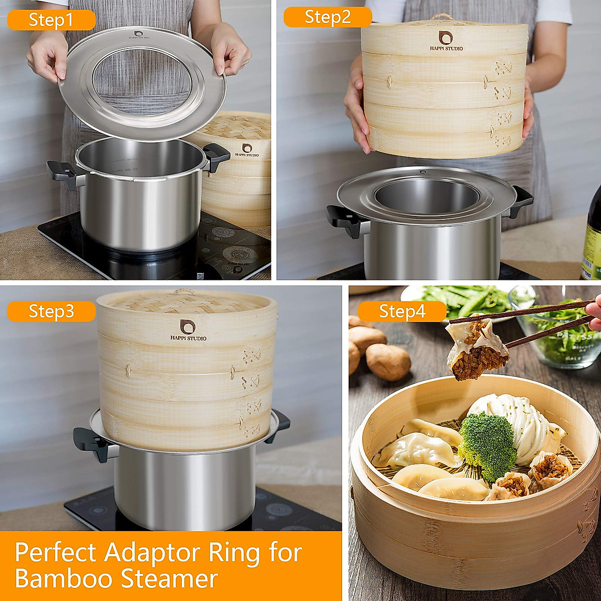 HAPPi STUDIO Bamboo Steamer Basket With Steamer Ring - 10 inch Dumpling Steamer Basket - Large Bamboo Steamer for Cooking Bao Buns, Dim Sum - Chinese Steamer Bamboo Steam Basket - Steaming Basket