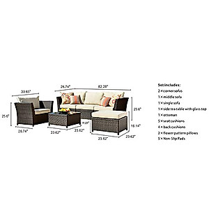 Allwex Patio Furniture Set,Outdoor Furniture 6 Pcs Sets,PE Rattan Wicker sectional with 2 Pillows and 1 Patio Furniture Covers, No Assembly Required,Brown (6 Piece, Beige) (6 pcs, Begie)