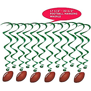 Football Party Supplies - Metallic Hanging Football Whirls and Green Football Field Table Cover With Yard Lines