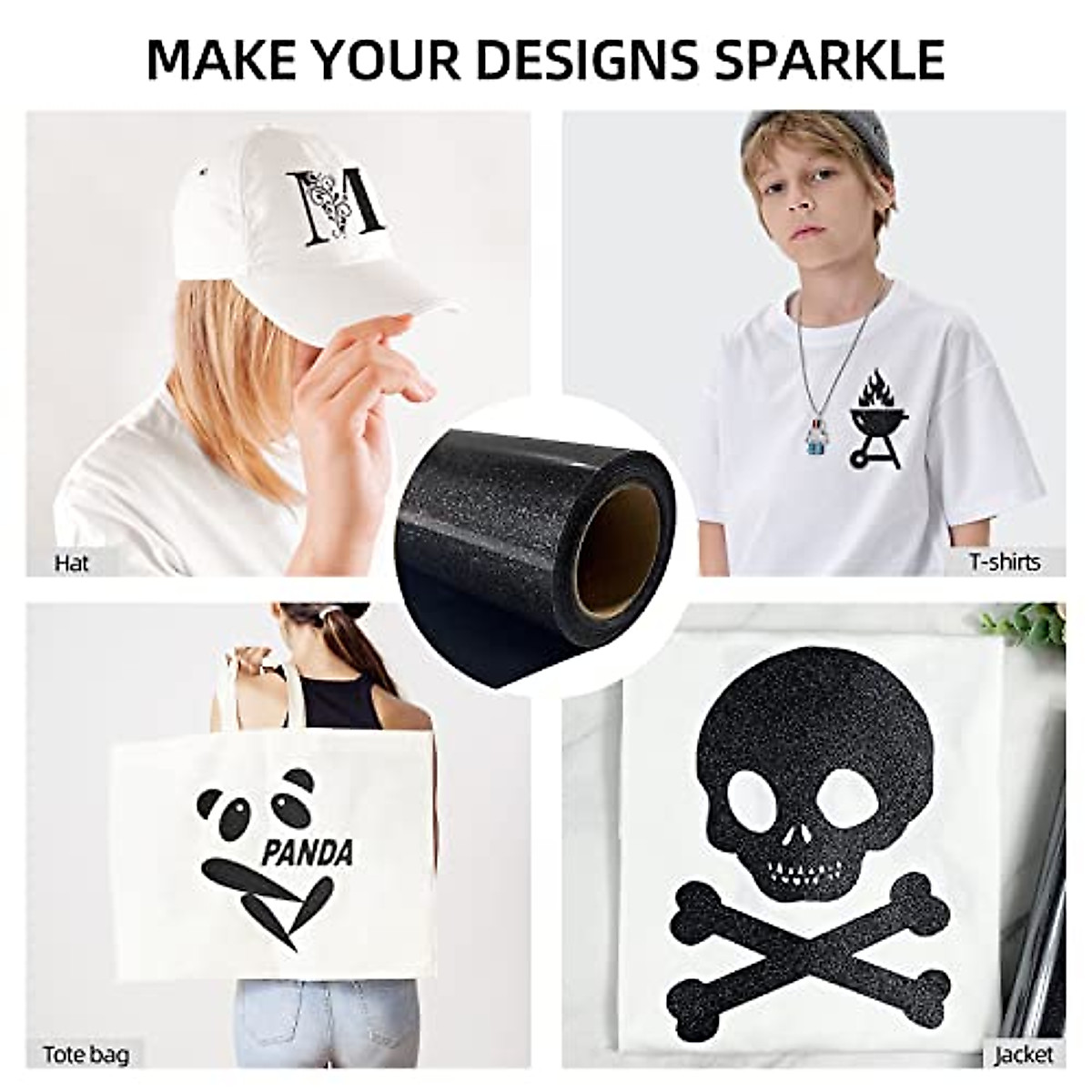 Black Glitter HTV Heat Transfer Vinly Roll for T Shirts- 12”x8ft Easy to Weed Cut Black Glitter Iron on Vinyl for Cricut Silhouette Cameo