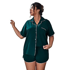 OYOANGLE Women's Plus Size 2 Piece Button Down Pajama Set Sleepwear Lounge Set Shorts Shirt PJ Set Dark Green 4XL