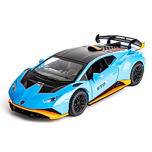 WAKAKAC Model Car 1/24 Scale Compatible for Lambo Huracan STO Die-cast Toy Vehicle Pull Back with Light and Sound Toy Car Door Can be Open (Blue)