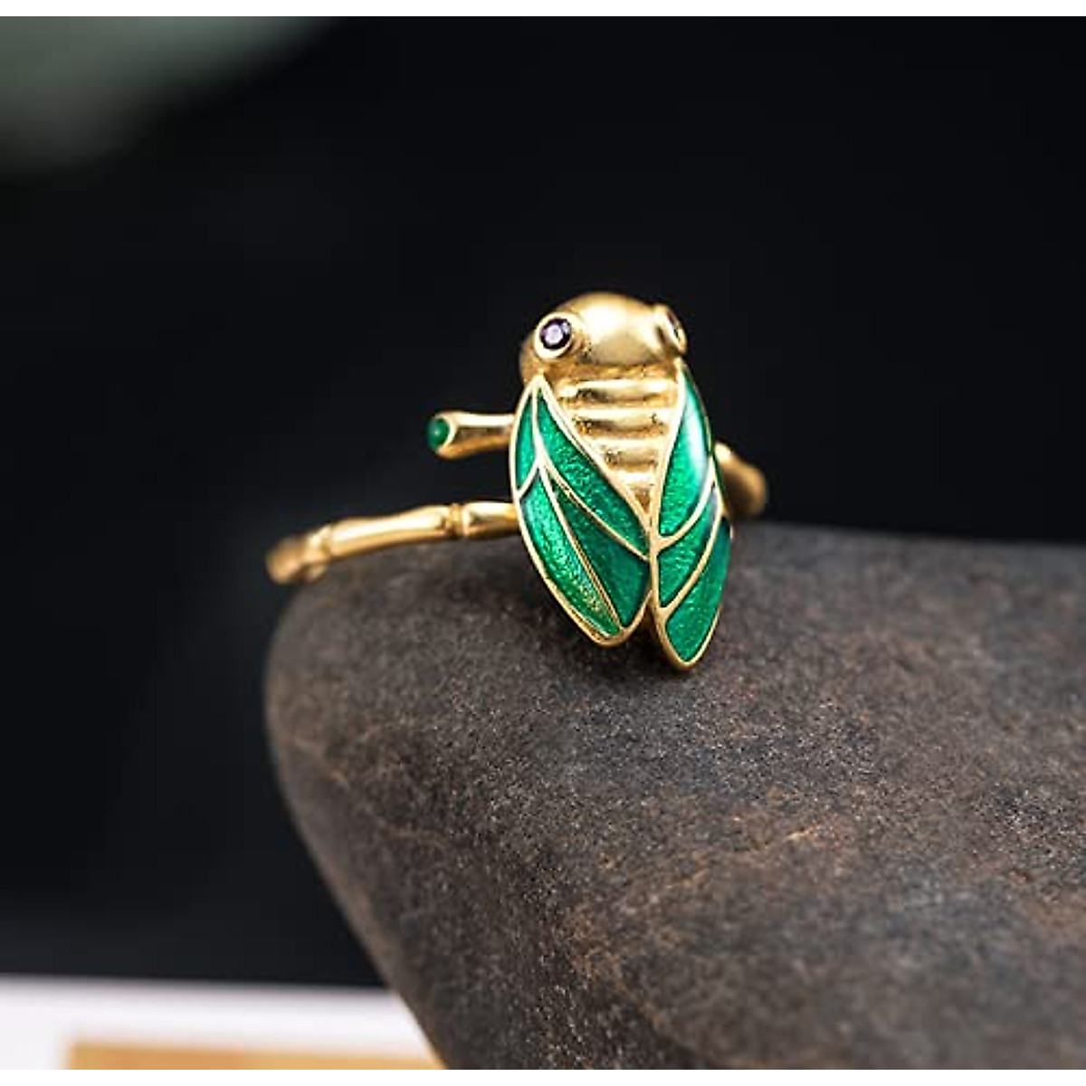 Helen de Lete Colorful Golden Cicada S925 Sterling Silver Adjustable Ring For Men and Women