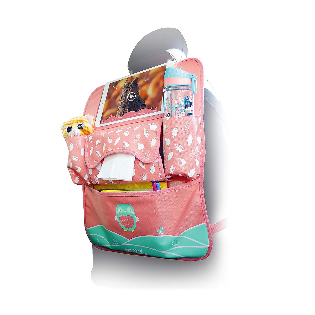 Planet Buddies Car Seat Organizer Kids, Car Accessories for Kids Storage with Tablet Holder up to 10.2 Inch, Car Organiser for Toys, Tablets, Bottles and Tissue Box Holder, Pink Owl
