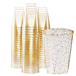 bUCLA 100Pack Gold Glitter Plastic Cups-12oz Plastic Square Cups-Wedding/Party Disposable Cups-Premium Disposable Tumblers for Thanksgiving Party
