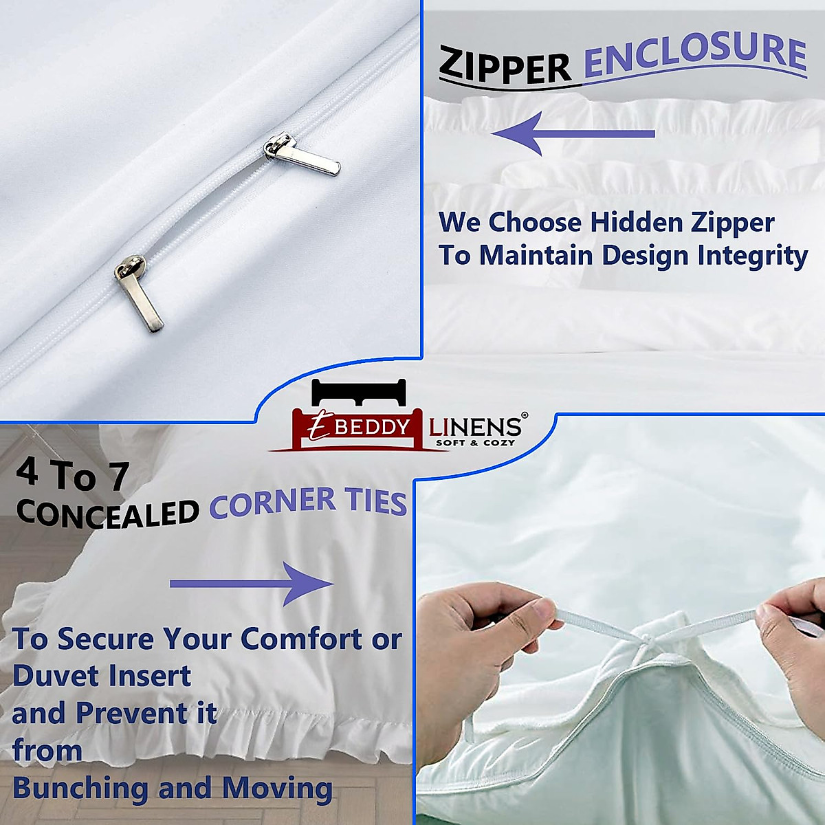 eBeddy Linens Ruffle White Solid Duvet Cover Set Super King 98x108 Size Egyptian Cotton Luxury Soft & Breathable Comforter Cover with Hidden Zipper Closer & Corner Ties Durable and Fade Resistant