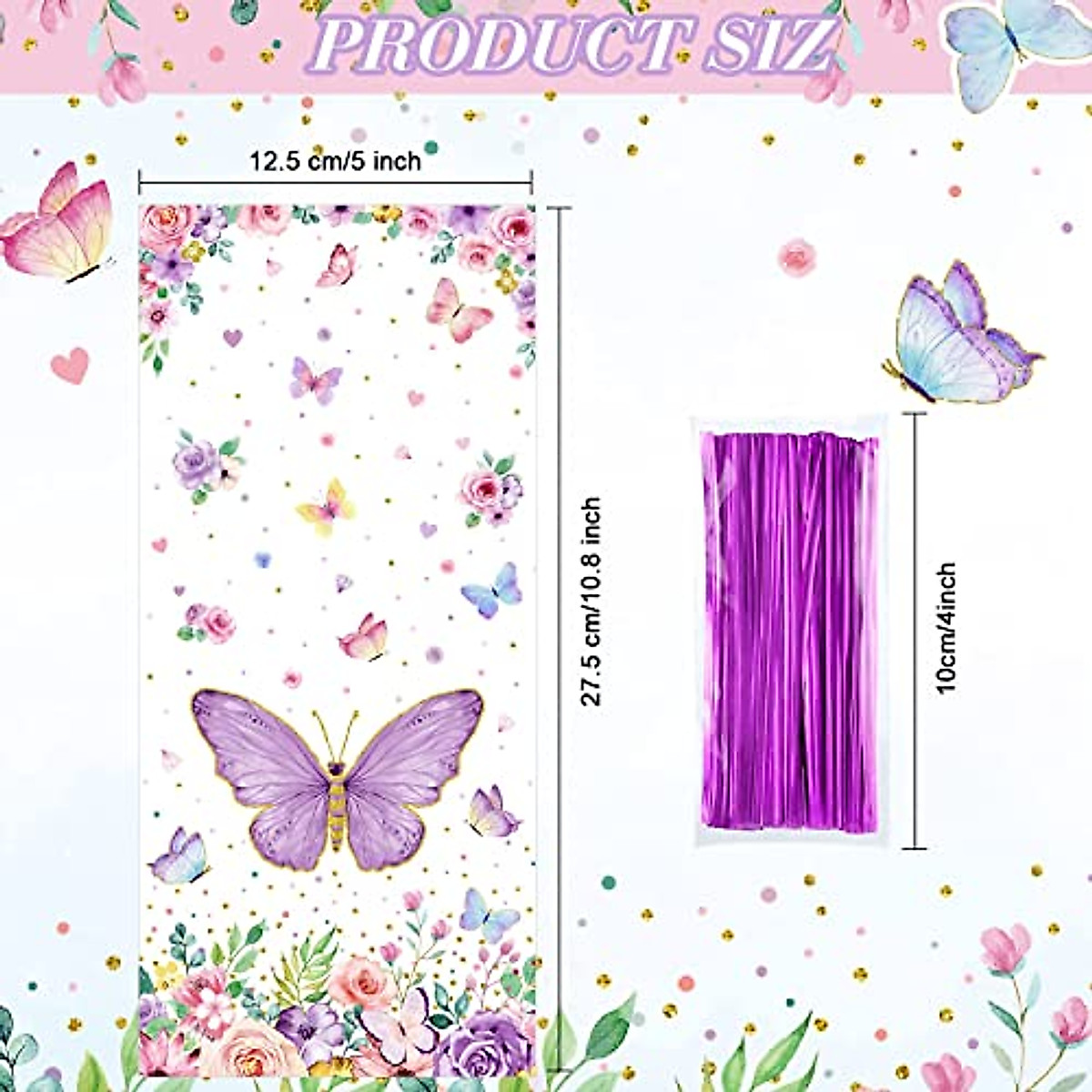 100 Pcs Butterflies Cellophane Treat Bags Plastic Butterfly Party Favors Watercolor Butterfly Cello Candy Bag with 100 Twist Ties for Butterfly Theme Baby Shower Girl Birthday Party Supplies (Purple)