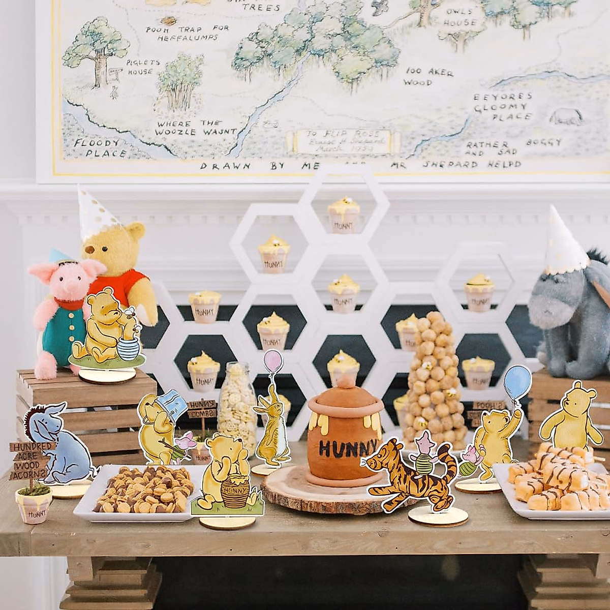 16 Pcs Classic Winnie Wood Table Centerpieces Bear Cutout Shapes Creatures Table Topper for Baby Shower Birthday Decorations Supplies