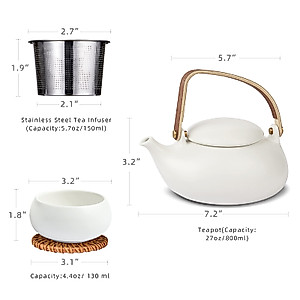 ZENS Ceramic Teapot with Infuser, Bentwood Handle Loose Leaf Japanese Tea Set, 27 Ounce Matte White Tea Pot with 4 Cups & Rattan Coasters for Women Gift
