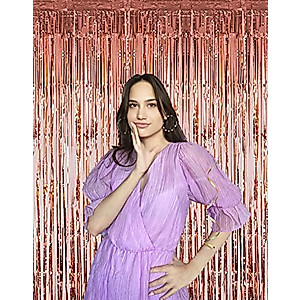 2-Pack 3.2ft x 8.2ft Rose Gold Metallic Tinsel Foil Fringe Curtains for Birthday Wedding Bridal Shower Baby Shower Bachelorette Celebration Party Decorations