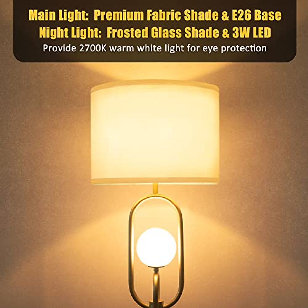 Yolsunes Modern Gold Floor Lamp with Night Light, Brass Standing Lamp White Linen Shade, Globe Stand Up Lamp 67’’ Tall Lamps for Living Room Nursery Bedroom Office, 3W 2700K Led Included, E26 Base