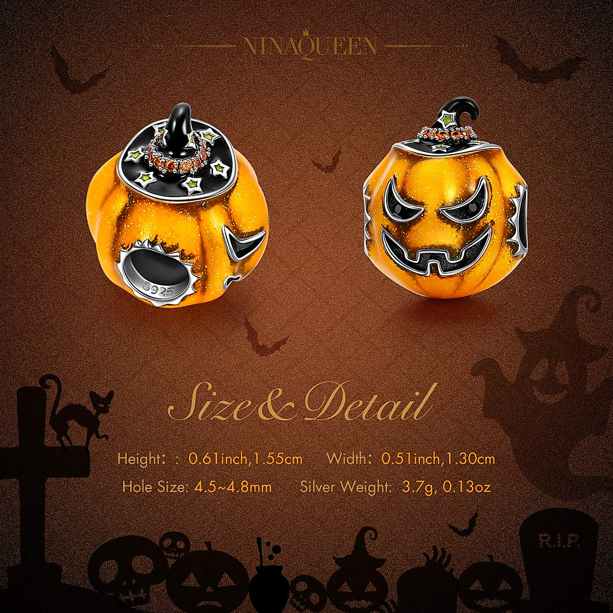 NINAQUEEN Halloween Pumpkin Charms Fits Charms Bracelets Sterling Silver Bead Birthday Valentines Christmas Gifts for Women Her Wife Mom Girls Girlfriend Jack-o'-lantern