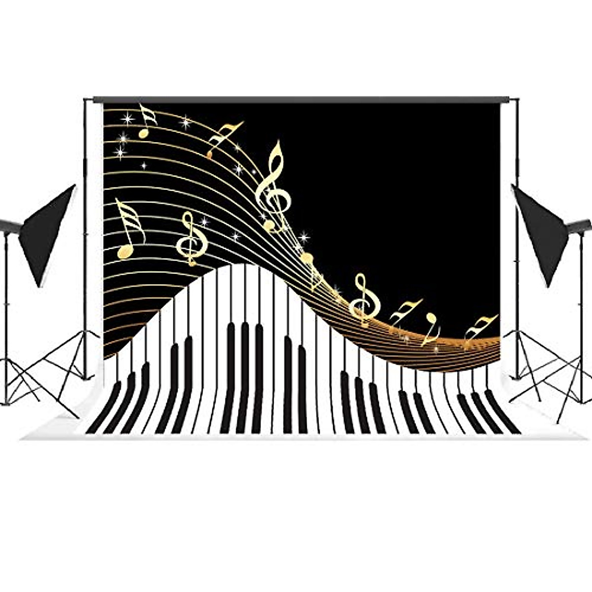 Piano Theme Backdrop for Photography Golden Musical Notes and Piano Keyboard Background for Kids Birthday Party Art Studio Photo Banner Props 7x5ft