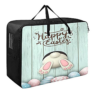 DOMIKING Under Bed Clothes Storage Bag - Bunny Happy Easter Eggs Blanket Storage Large Storage Containers with Zipper Pillow Storage 27.6x19.7x11inch