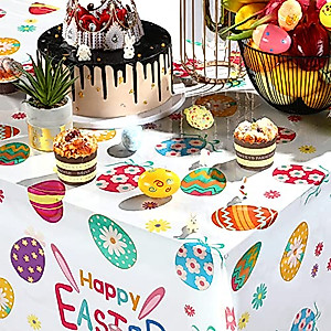 Easter Tablecloth Plastic Easter Egg Bunny Table Cover Colorful Egg with Happy Easter Bunny Tablecloth for Easter Spring Flower Themed Party Kitchen Dining Room Home Decor, 54 x 108 Inch (3)