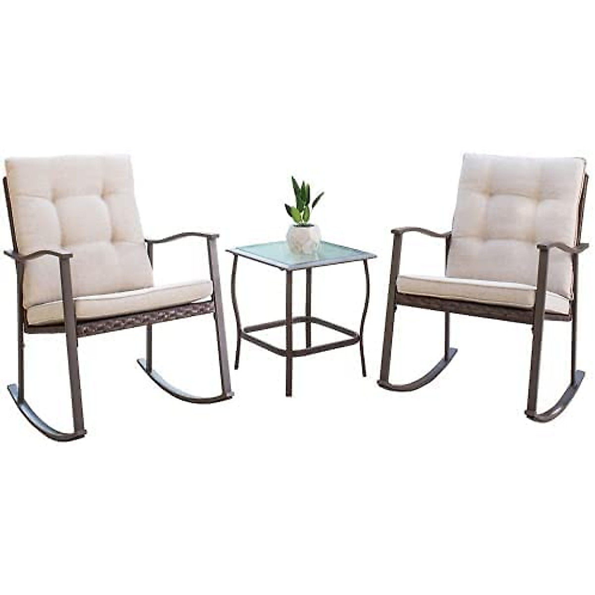 SOLAURA 3-Piece Patio Furniture Outdoor Rocking Chair Set Brown Wicker Patio Bistro Sets, Front Porch Furniture with Beige Cushion, Two Patio Chairs with High Backrest & Glass Coffee Table