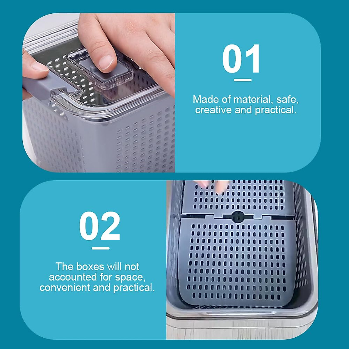 Cabilock Vegetable Fruit Storage Containers, Fresh Draining Basket, Box Refrigerator Crisper Fruit Fresh Containers Dual-Layer Food Storage Bin with Breathable Valve for Fridge, Dark Grey