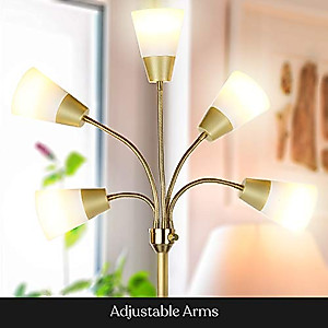 Brightech Medusa Modern LED Floor Lamp – Multi Head Dimmable Floor Lamp for Living Rooms & Offices – Tall Lamp with Interchangeable Shade, Standing Lamp with 5 LED Bulbs for Hobbies - Brass