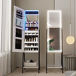 Vlsrka Mirror Jewelry Cabinet Standing with LED, Jewelry Mirror Full Length with Built-in Makeup Mirror & Lights, Large Jewelry Armoire Cabinet for Earrings Necklaces Cosmetic (White)