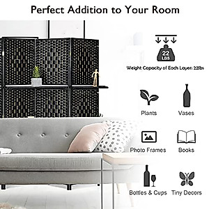 Giantex 6Ft 6 Panel Room Divider with Shelves, Freestanding Hand-Woven Rattan Folding Privacy Screens for Room Separation, Wooden Partition Room Divider Wall for Home Office Studio Separator