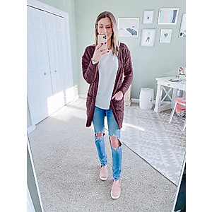 ZESICA Women's Fall Casual Long Sleeve Open Front Soft Chunky Knit Sweater Cardigan Outerwear,Maroon,Small