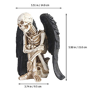 VOSAREA Resin Skeletons Statue Skull Collectible Figurine with Black Angle Wings Resin Figures Decoration for Home Shelves Porch Yard Garden Fireplace Mantle